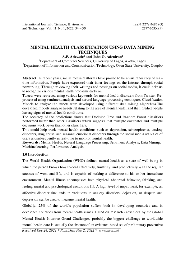 (PDF) MENTAL HEALTH CLASSIFICATION USING DATA MINING TECHNIQUES
