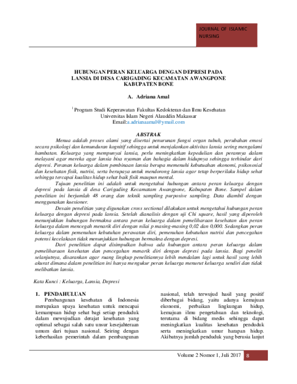 (PDF) Hubungan Peran Keluarga Dengan Depresi Pada Lansia DI Desa Carigading Kecamatan Awangpone ...