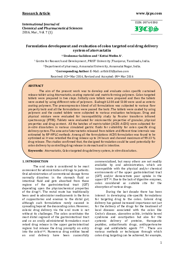 Pdf Formulation Development And Evaluation Of Colon Targeted Oral Drug Delivery System Of