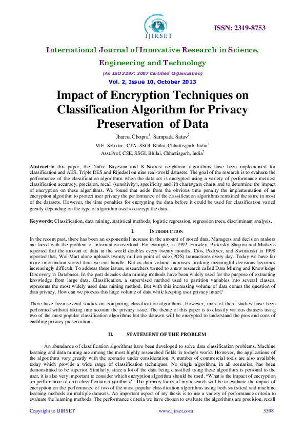 (PDF) Impact of Encryption Techniques on Classification Algorithm for Privacy Preservation of Data