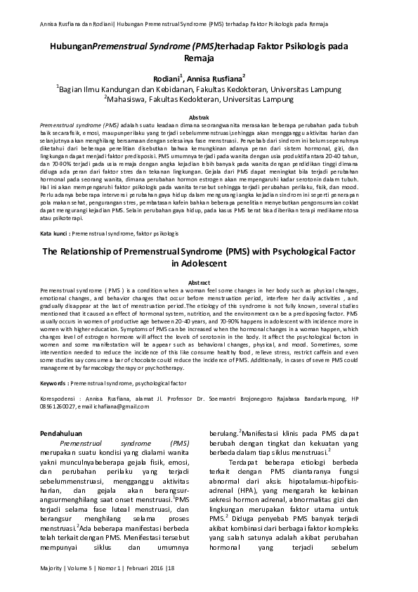 (PDF) Hubungan Premenstrual Syndrome (PMS) Terhadap Faktor Psikologis ...