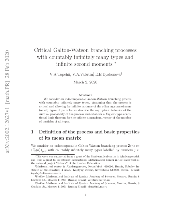 (PDF) Critical Galton-Watson branching processes with a countable set of types and infinite ...
