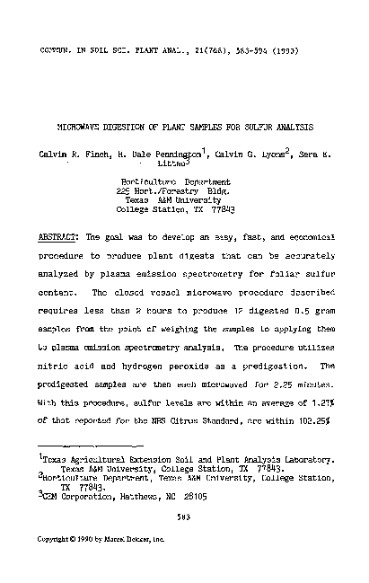 (PDF) Microwave digestion of plant samples for sulfur analysis