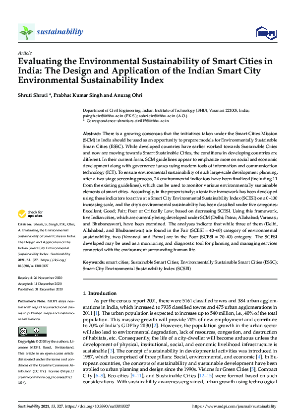 (PDF) Evaluating the Environmental Sustainability of Smart Cities in India: The Design and ...