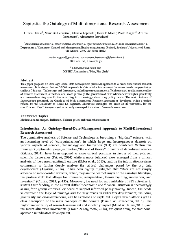 (PDF) Sapientia: the Ontology of Multi-dimensional Research Assessment | Paolo Naggar - Academia.edu