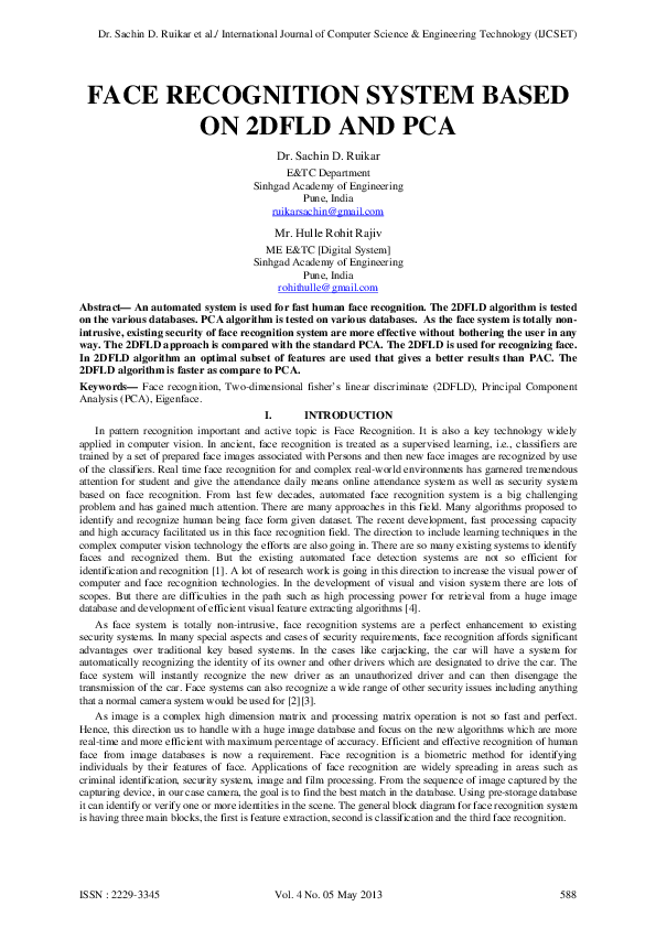 (PDF) Face Recognition System Based on 2DFLD and Pca