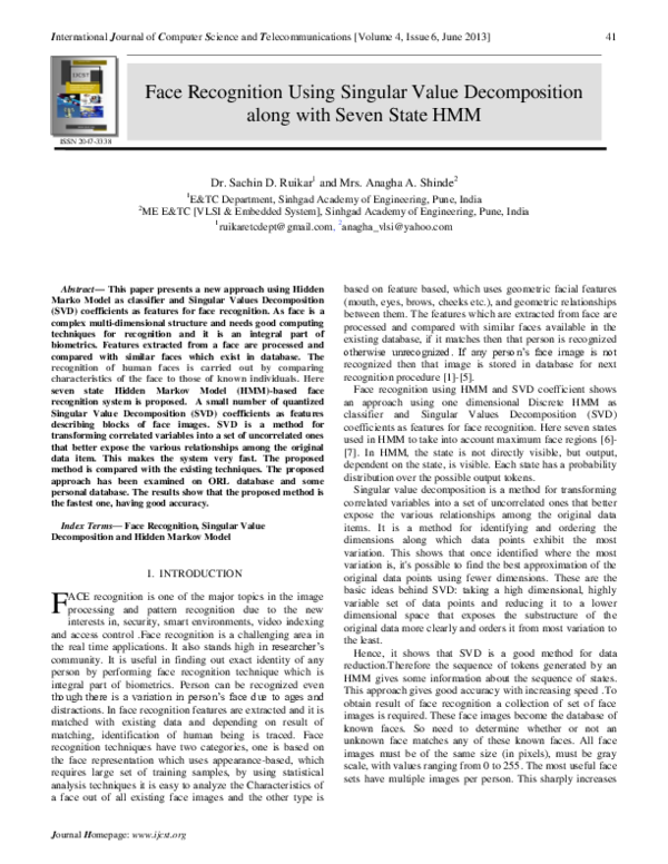 Pdf Face Recognition Using Singular Value Decomposition Along With Seven State Hmm