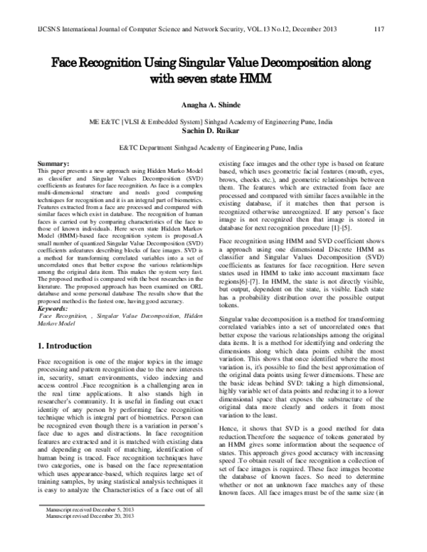 Pdf Face Recognition Using Singular Value Decomposition Along With Seven State Hmm Sachin