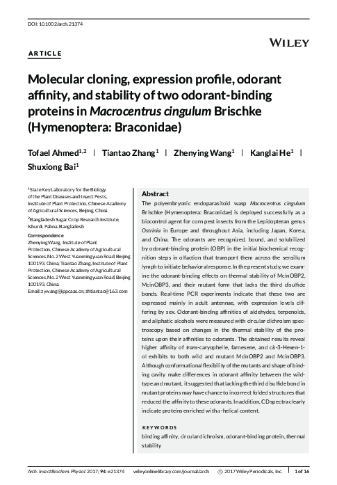 (PDF) Molecular cloning, expression profile, odorant affinity, and ...
