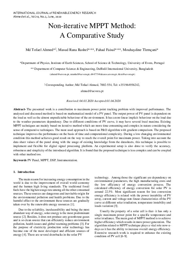 (PDF) Non-iterative MPPT Method: A Comparative Study | Tofael Ahmed - Academia.edu