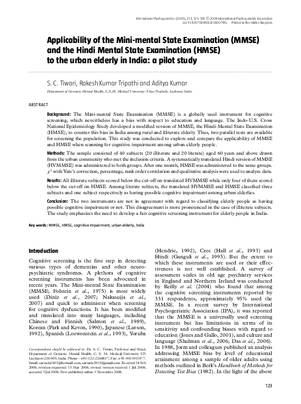 (PDF) Applicability of the Mini-mental State Examination (MMSE) and the ...