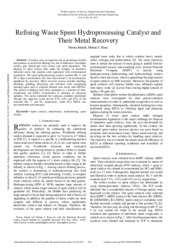 (PDF) Refining Waste Spent Hydroprocessing Catalyst And Their Metal ...