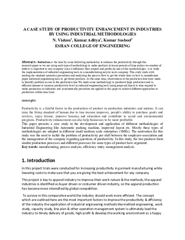 A CASE STUDY OF PRODUCTIVITY ENHANCEMENT IN INDUSTRIES BY USING ...