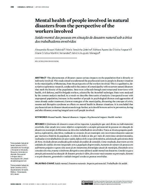 (PDF) Mental health of people involved in natural disasters from the ...