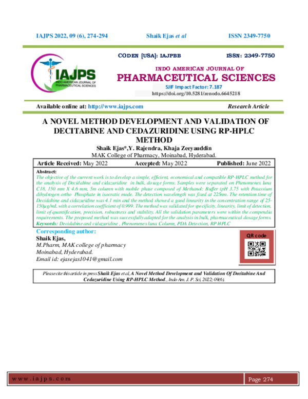 (PDF) A NOVEL METHOD DEVELOPMENT AND VALIDATION OF DECITABINE AND CEDAZURIDINE USING RP-HPLC METHOD