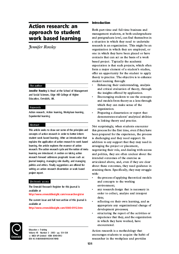 (PDF) Action research: an approach to student work based learning