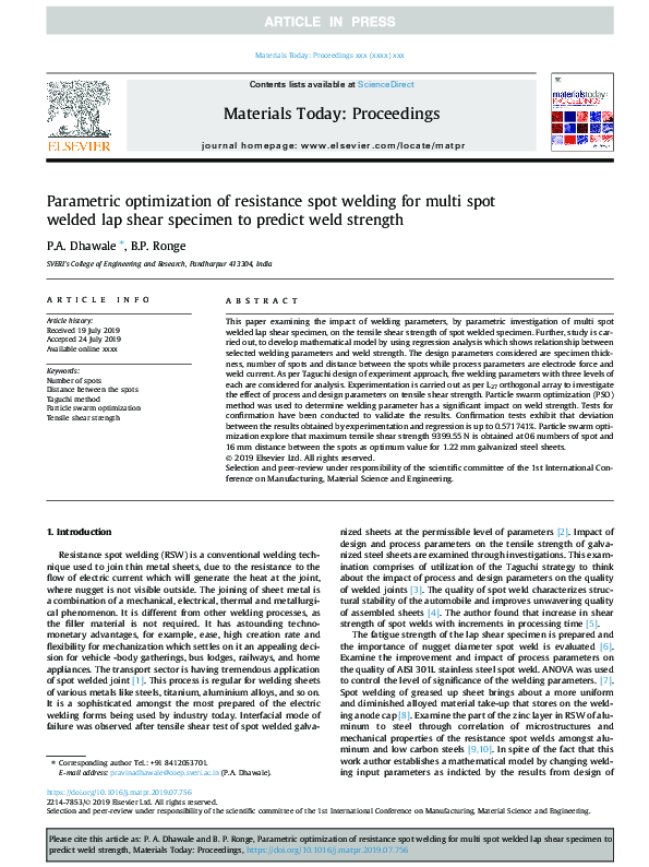 (PDF) Parametric optimization of resistance spot welding for multi spot welded lap shear ...