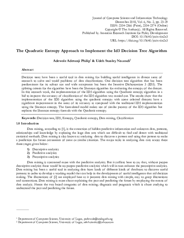 Pdf The Quadratic Entropy Approach To Implement The Id3 Decision Tree Algorithm