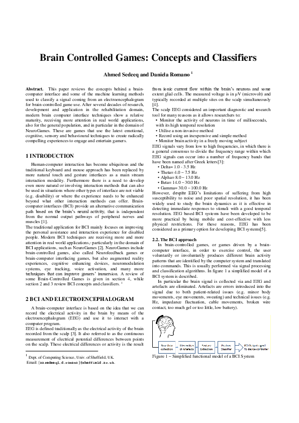 (PDF) Brain Controlled Games: Concepts and Classifiers