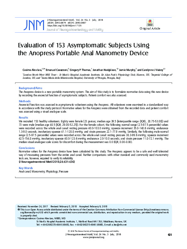 (PDF) Evaluation of 153 Asymptomatic Subjects Using the Anopress ...