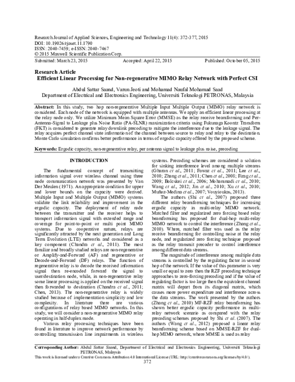 (PDF) Efficient Linear Processing for Non-regenerative MIMO Relay Network with Perfect CSI