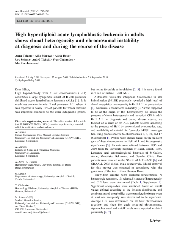 (PDF) High hyperdiploid acute lymphoblastic leukemia in adults shows ...