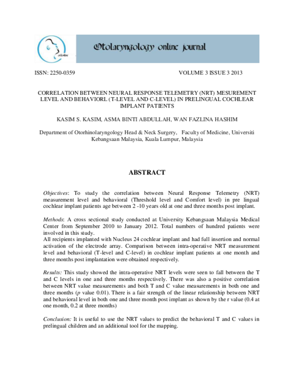 (PDF) Correlation Between Neural Response Telemetry (NRT ...