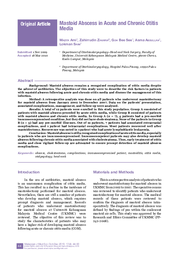 (PDF) Mastoid abscess in acute and chronic otitis media