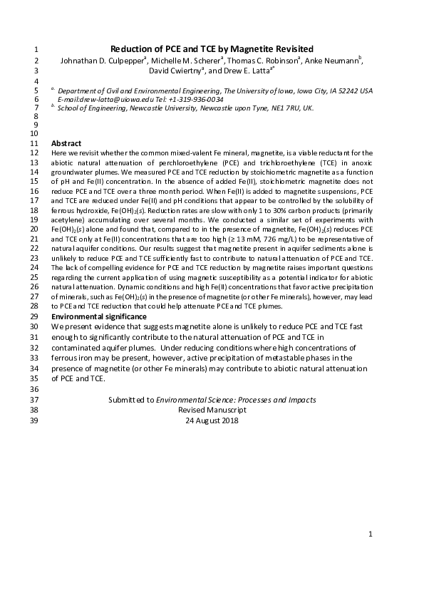 (PDF) Reduction of PCE and TCE by magnetite revisited