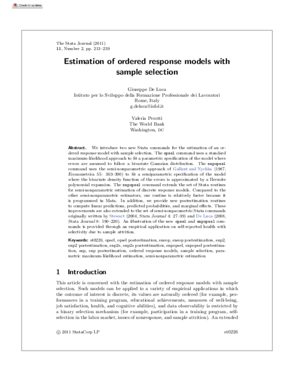 (PDF) Estimation of Ordered Response Models with Sample Selection