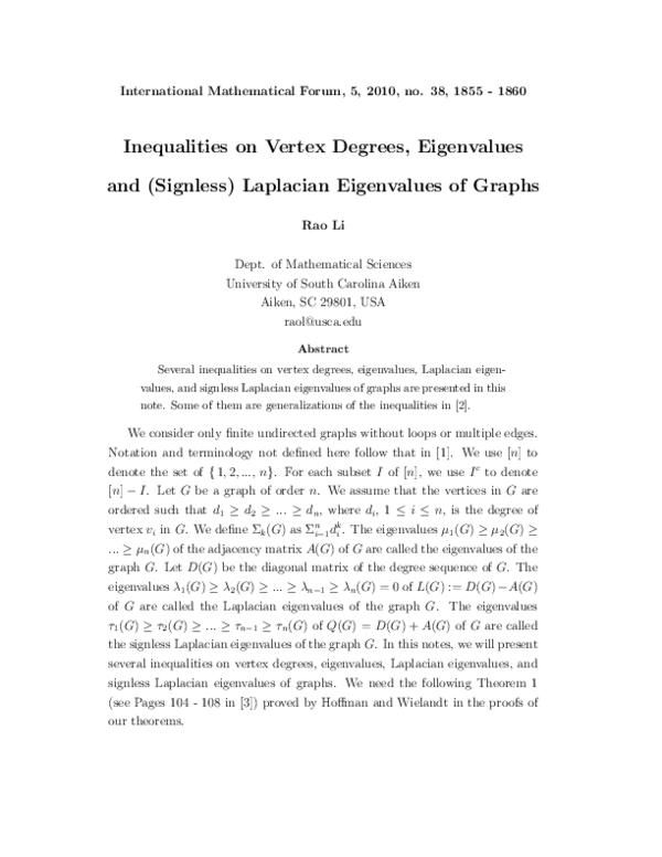 (PDF) Inequalities on Vertex Degrees , Eigenvalues and ( Signless ) Laplacian Eigenvalues of Graphs