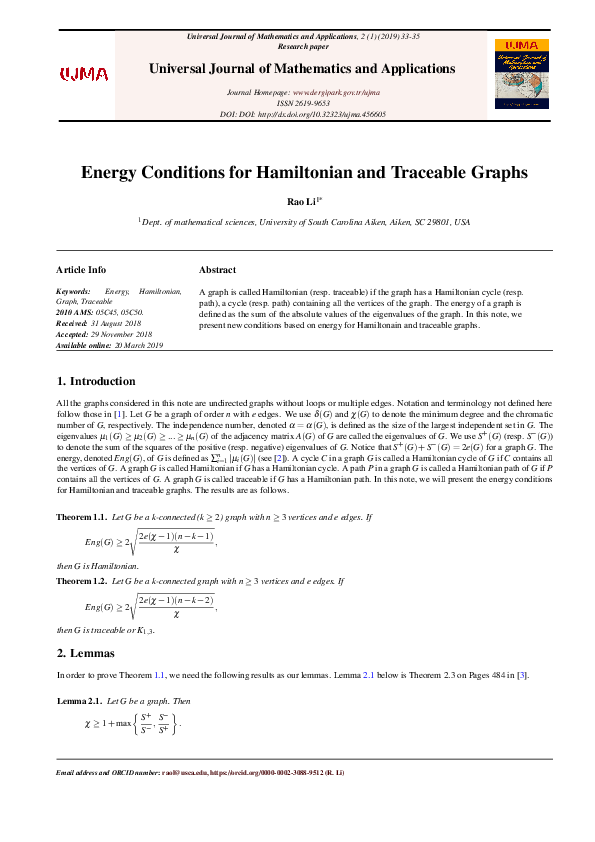 (PDF) Energy Conditions for Hamiltonian and Traceable Graphs