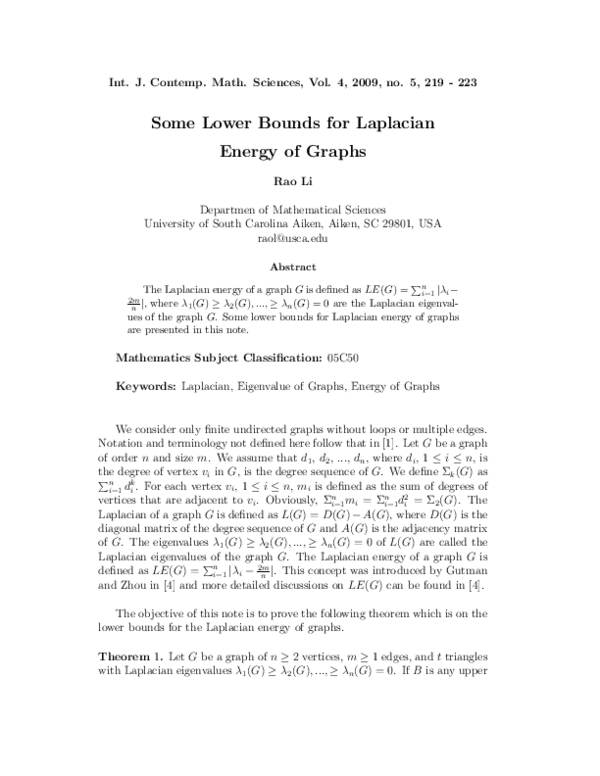 (PDF) Some Lower Bounds for Laplacian Energy of Graphs
