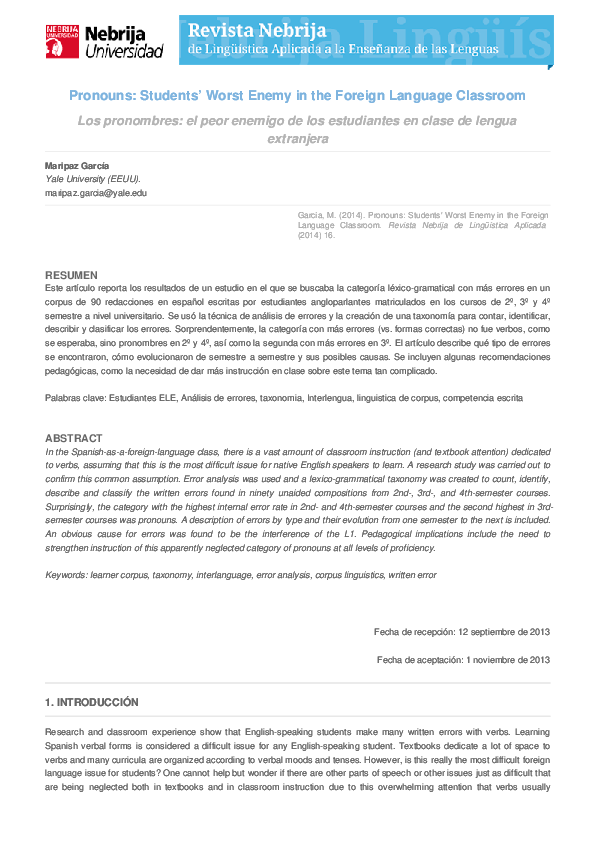 (PDF) Pronouns: Students’ Worst Enemy in the Foreign Language Classroom