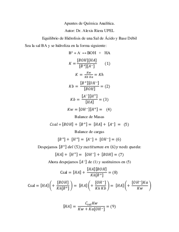 (PDF) Equilibrio de Hidrolisis de una sal de Acido y Base debil