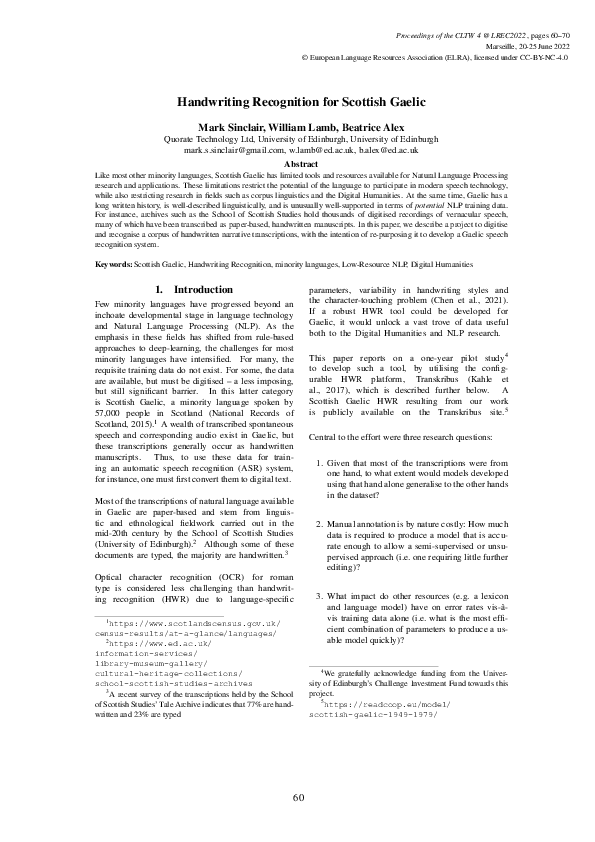 (PDF) Handwriting Recognition for Scottish Gaelic | William Lamb ...
