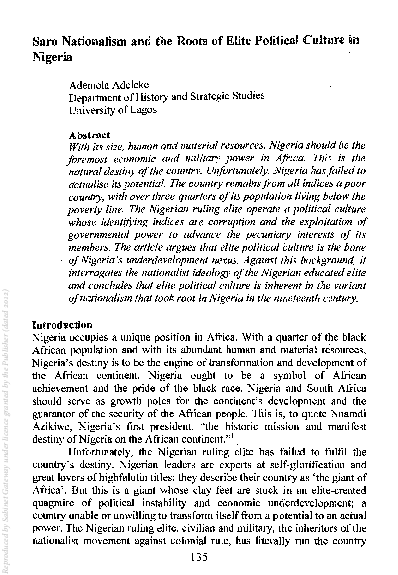 (PDF) Saro Nationalism and the Roots of Elite Political Culture in Nigeria