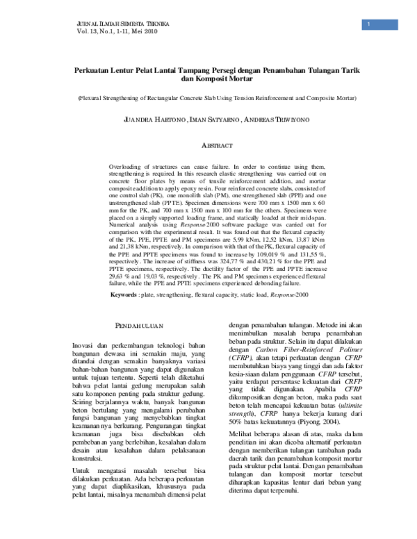 Perkuatan Lentur Pelat Lantai Tampang Persegi dengan Penambahan Tulangan Tarik dan Komposit Mortar