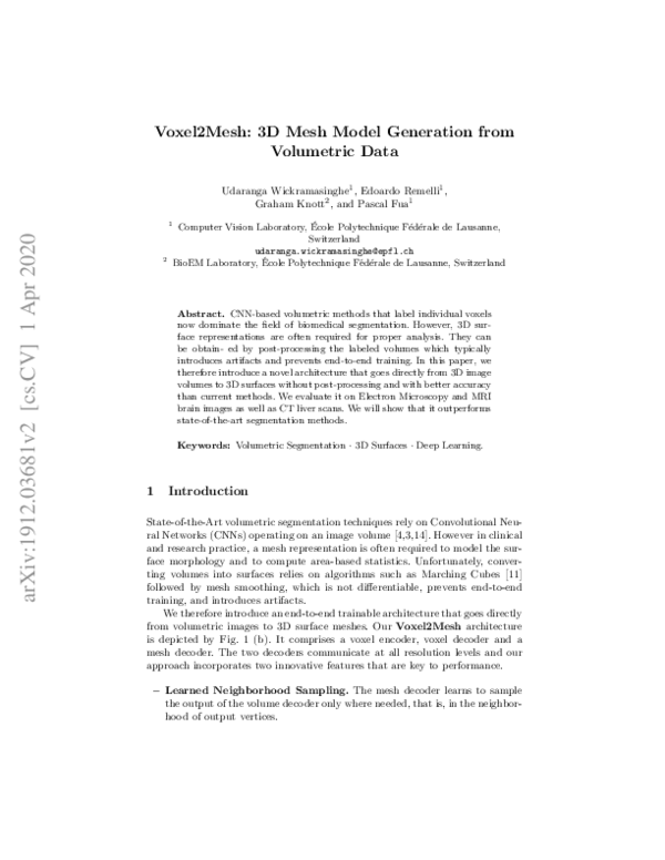 Voxel2Mesh: 3D Mesh Model Generation from Volumetric Data