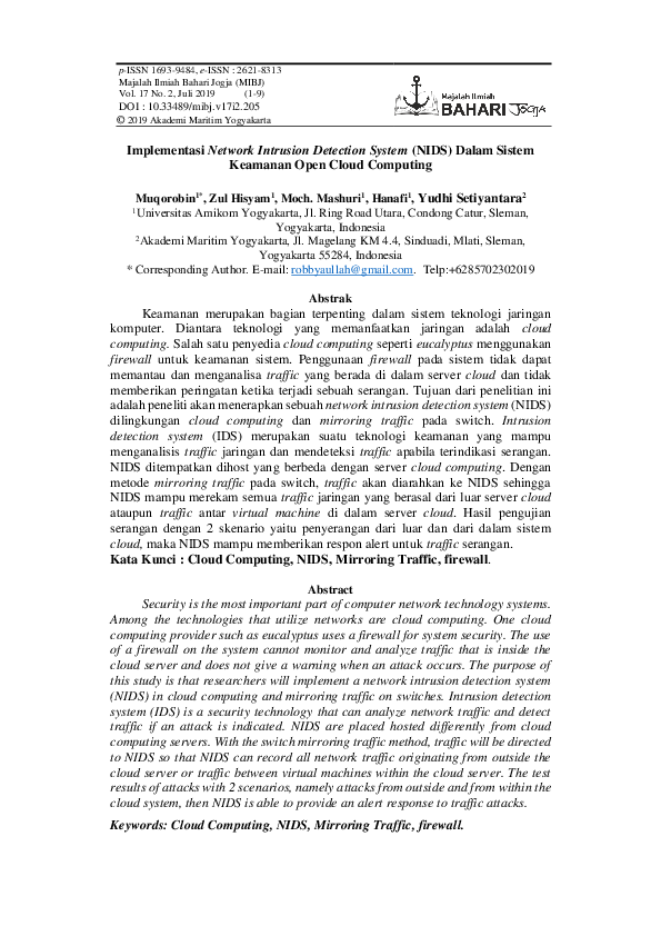 Pdf Implementasi Network Intrusion Detection System Nids Dalam Sistem Keamanan Open Cloud