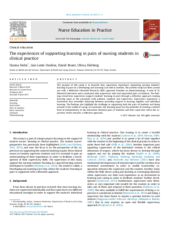 (PDF) The experiences of supporting learning in pairs of nursing ...