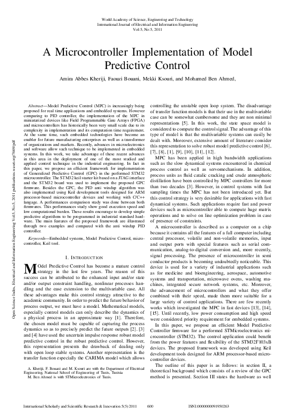 Pdf A Microcontroller Implementation Of Model Predictive Control