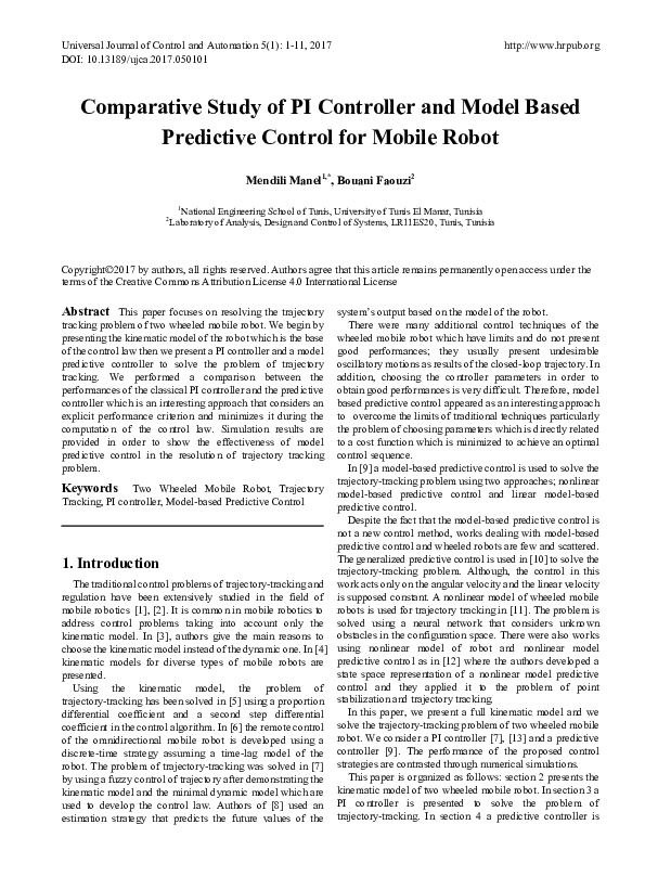 (PDF) Comparative Study of PI Controller and Model Based Predictive Control for Mobile Robot