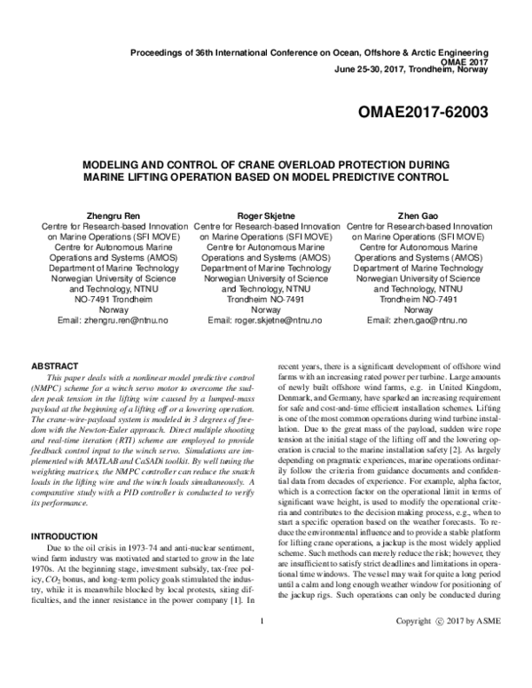 (PDF) Modeling and Control of Crane Overload Protection During Marine ...