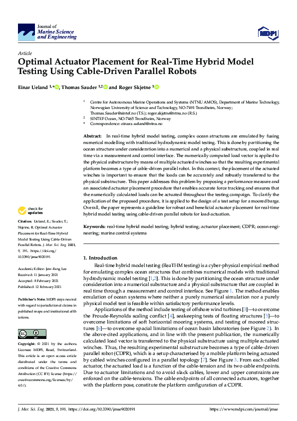 Pdf Optimal Actuator Placement For Real Time Hybrid Model Testing Using Cable Driven Parallel