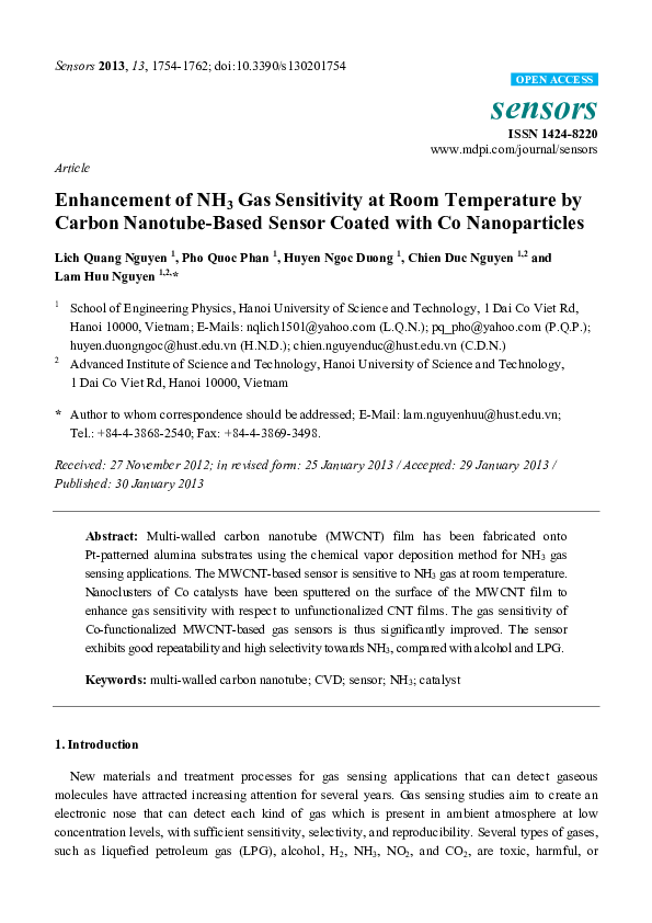 (PDF) Co Nanoparticles Enhance NH3 Sensitivity in MWCNT