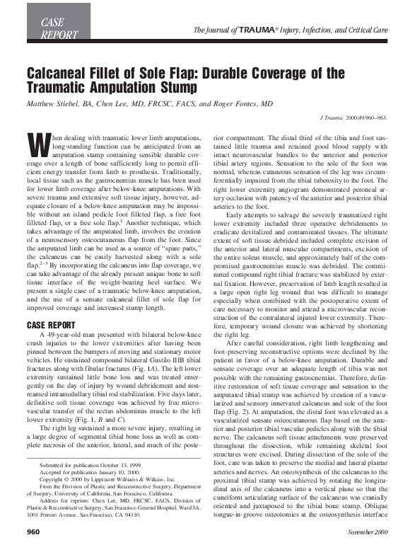 (PDF) Calcaneal Fillet of Sole Flap: Durable Coverage of the Traumatic ...