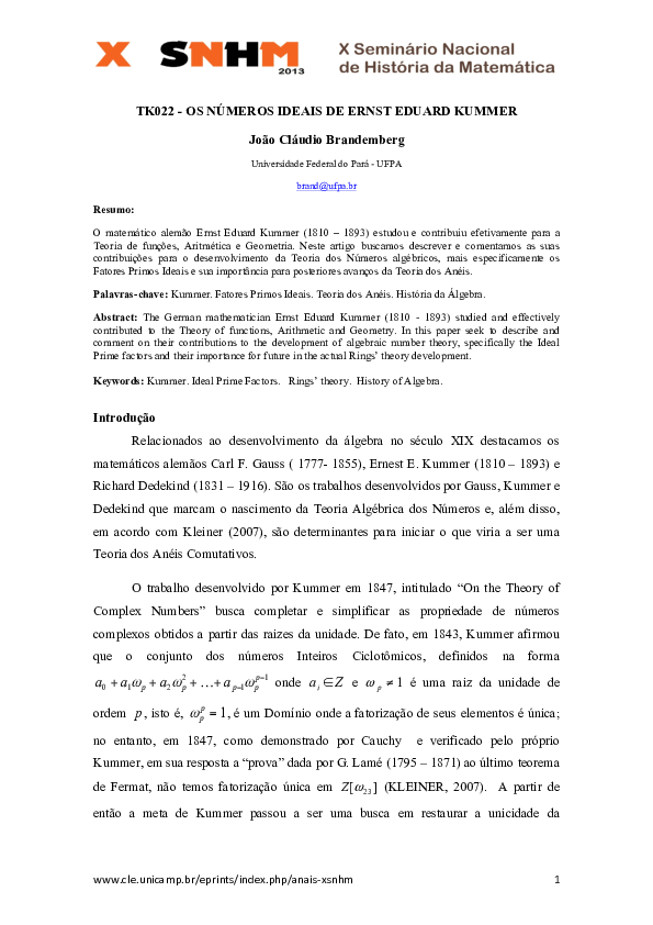 (PDF) TK022-OS Números Ideais De Ernst Eduard Kummer | João Brandemberg ...
