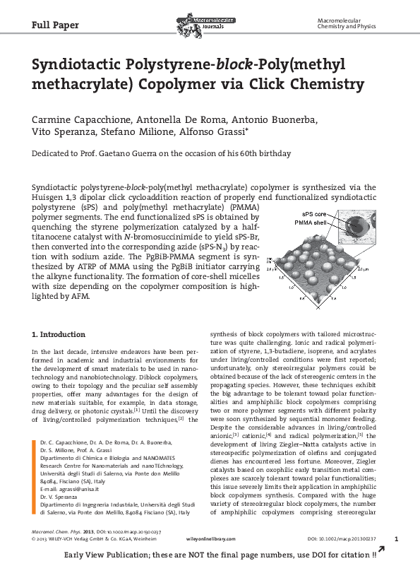 (PDF) Syndiotactic Polystyrene- block -Poly(methyl methacrylate) Copolymer via Click Chemistry ...
