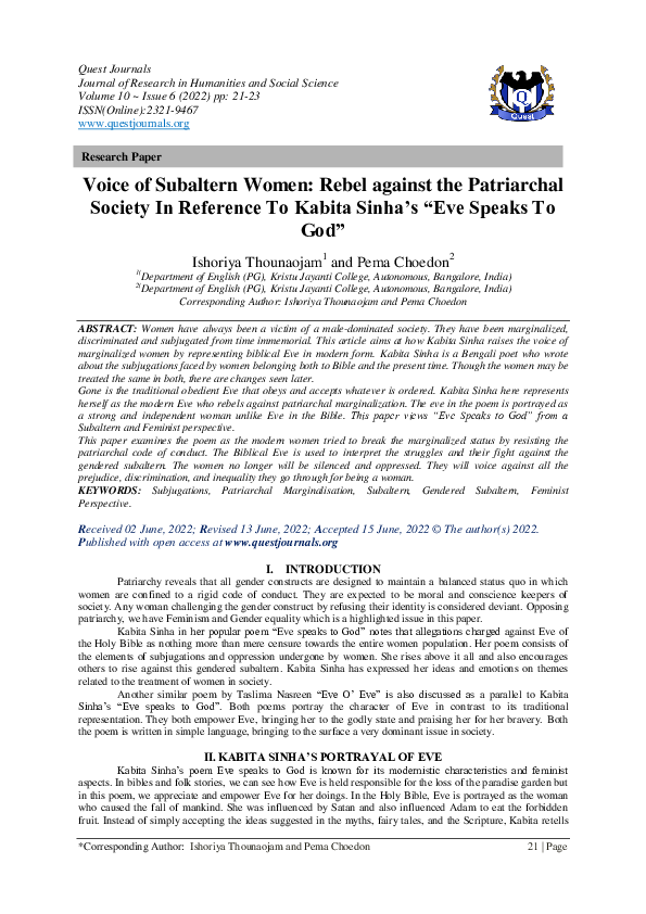 (PDF) Voice of Subaltern Women: Rebel against the Patriarchal Society ...